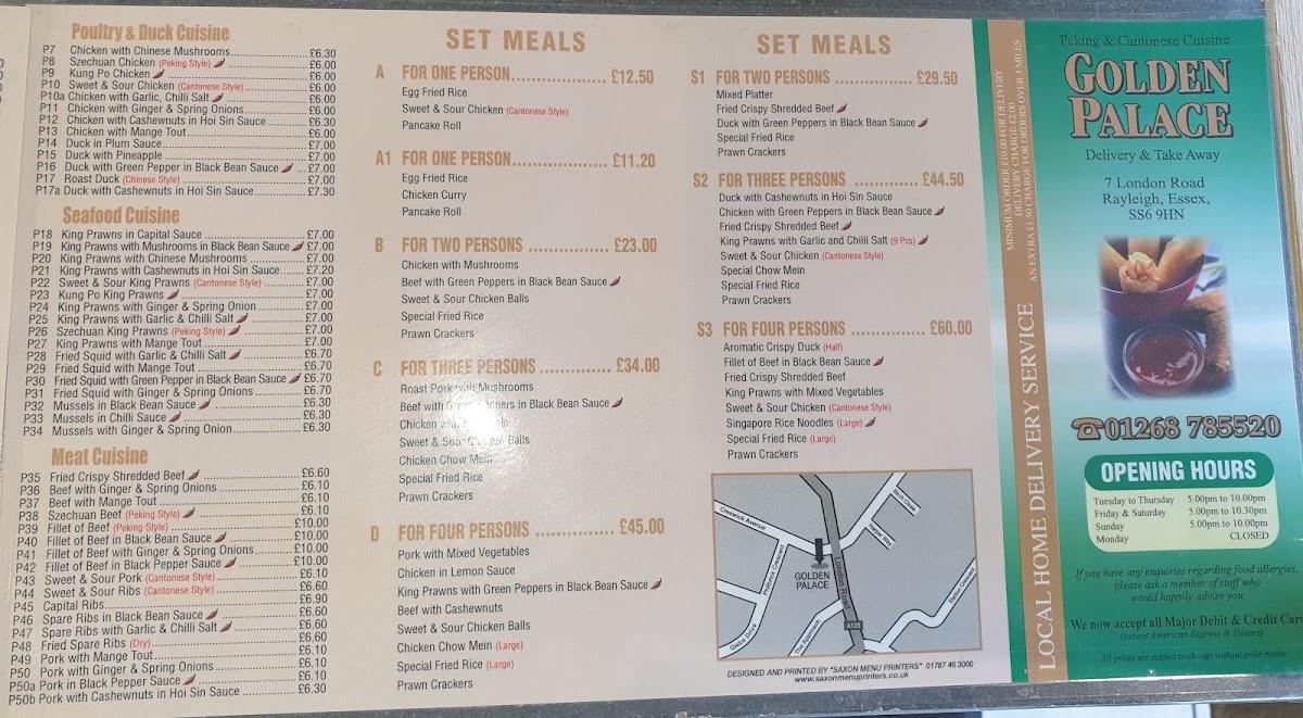 Menu at Golden Palace fast food, Rayleigh