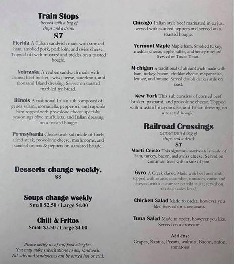 Menu at Over the Tracks Cafe, Temple