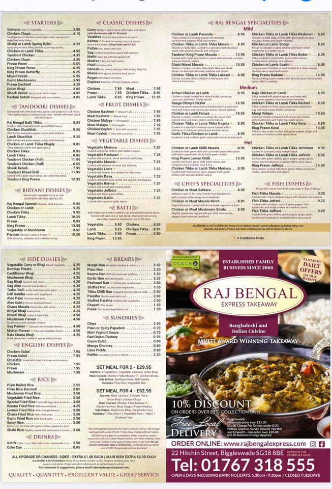 Menu at RAJ BENGAL EXPRESS TAKEAWAY restaurant, Biggleswade