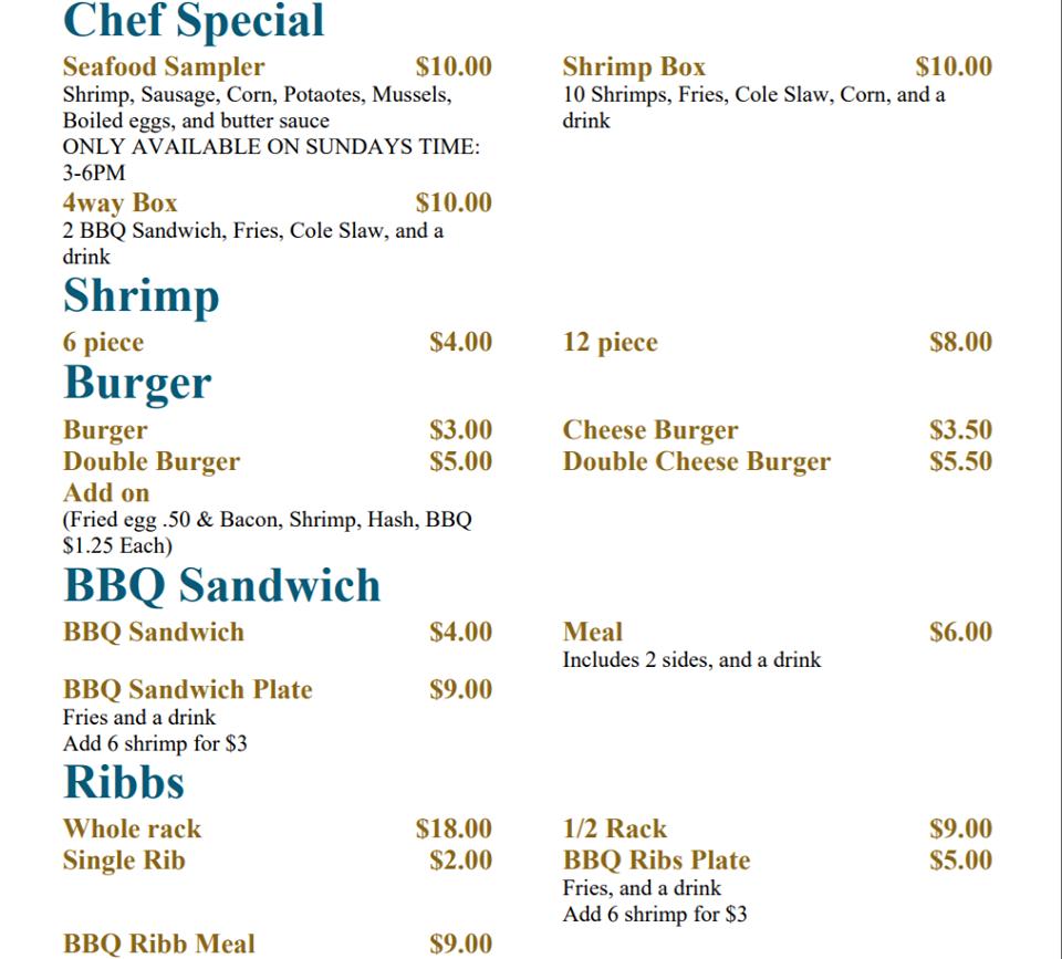 Menu at 4 Way BBQ & More, Warrenton