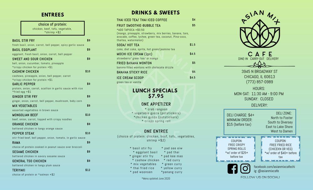 Menu at Asian Mix restaurant, Chicago