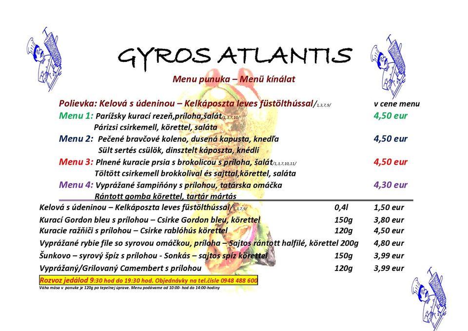 Menu at Atlantis restaurant, Dunajská Streda