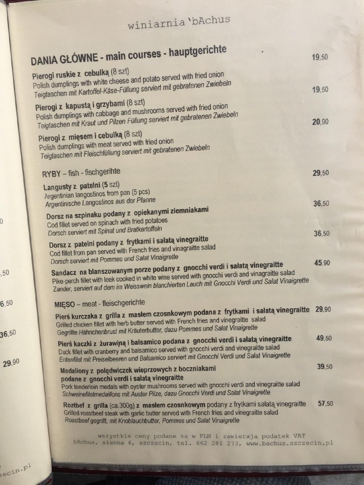 Menu at Bachus pub & bar, Szczecin