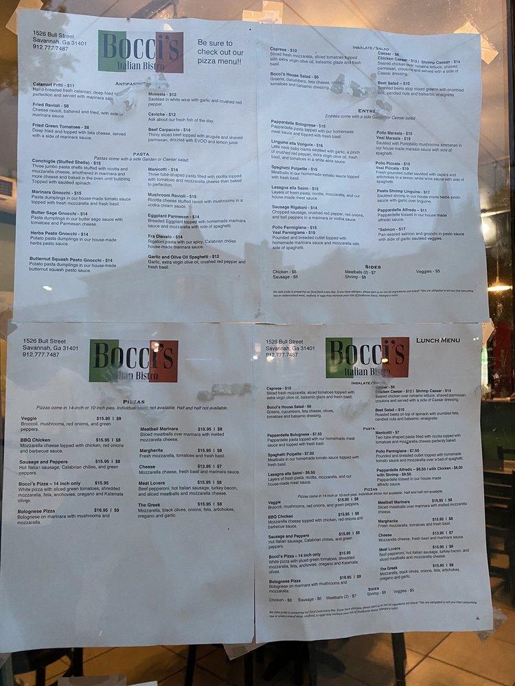 Menu at Bocci’s Italian Bistro on Bull pizzeria, Savannah