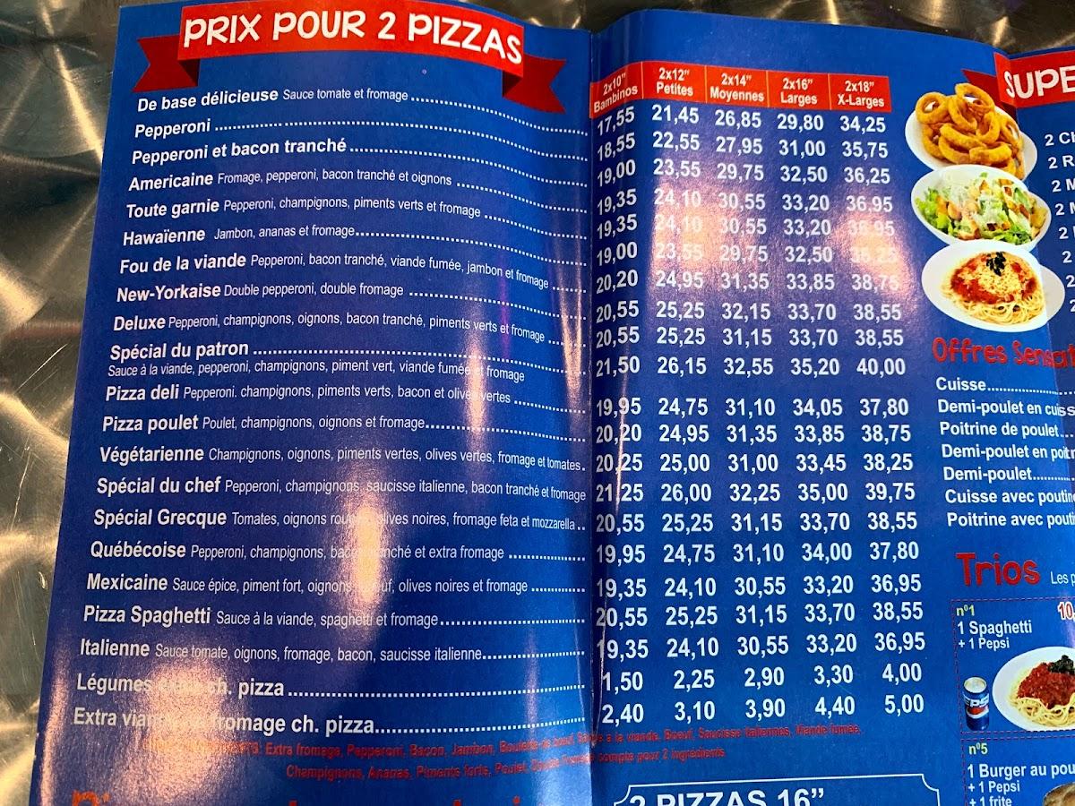 Menu au Chambly Pizzeria, Chambly