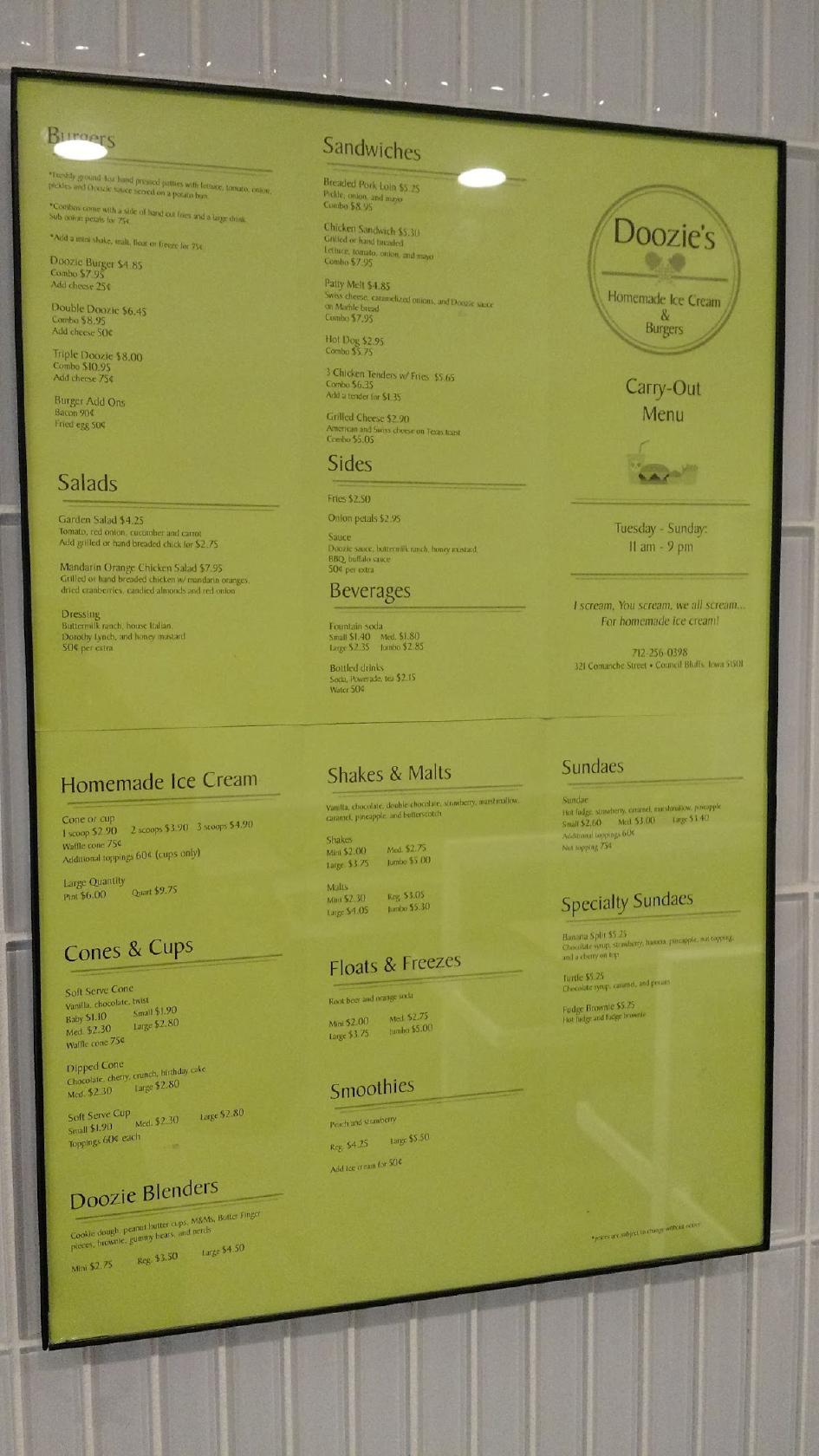Menu at Doozies restaurant, Council Bluffs