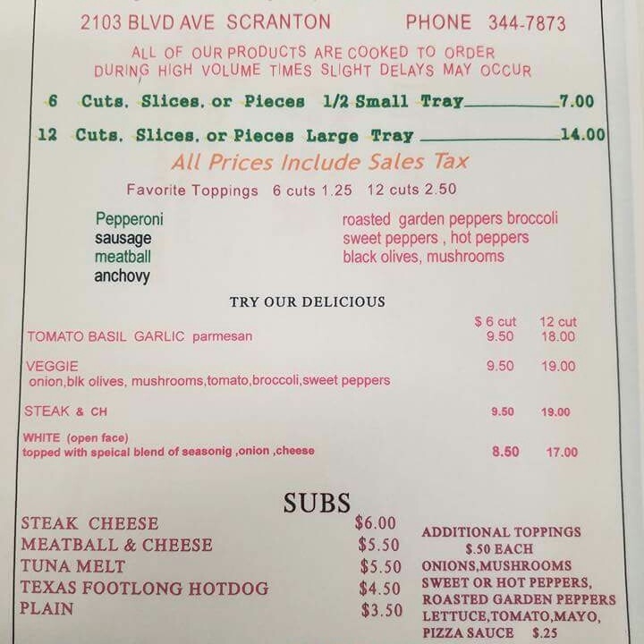 Menu at Green Ridge Pizza pizzeria, Scranton
