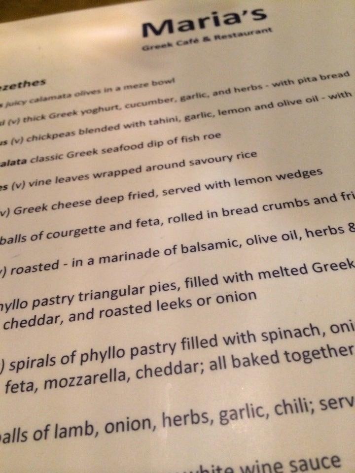 Menu at Maria's Greek Café cafe, Cape Town