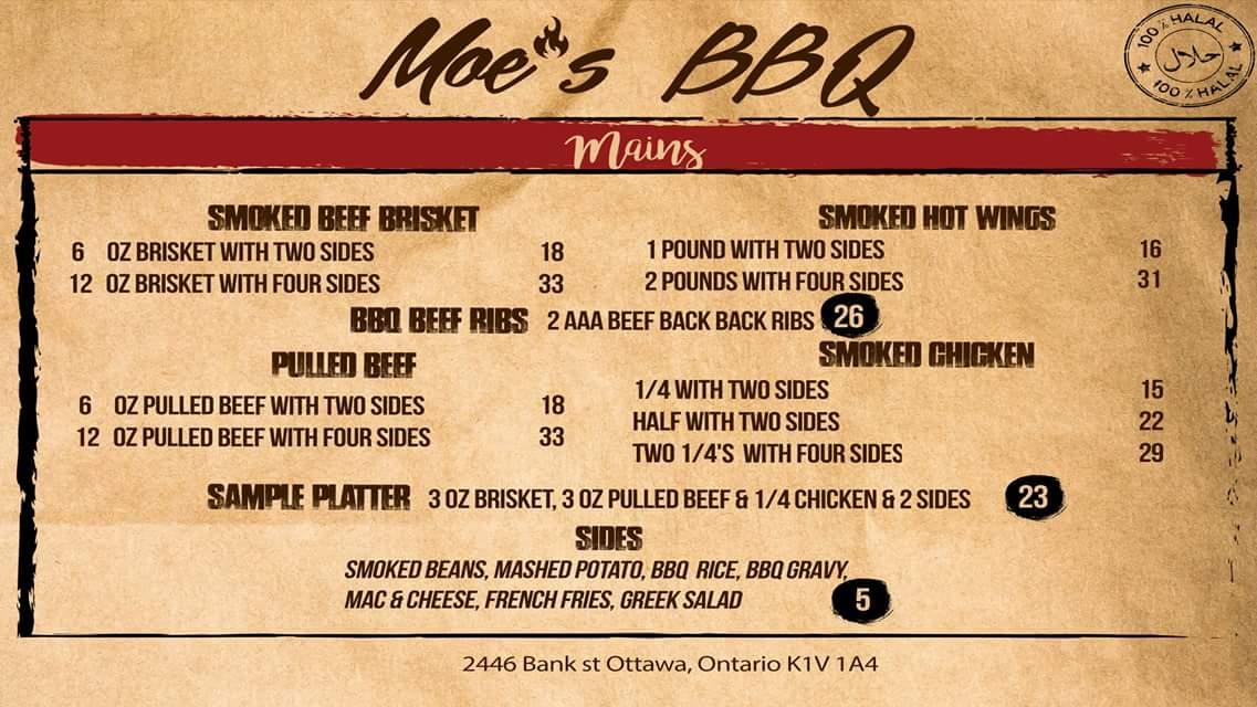 Menu at Moe's BBQ, Ottawa