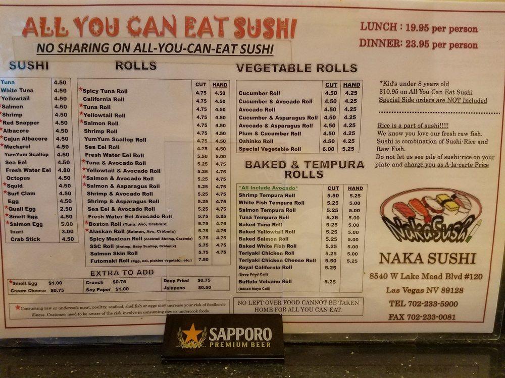 Menu at Naka Sushi Restaurant, Las Vegas