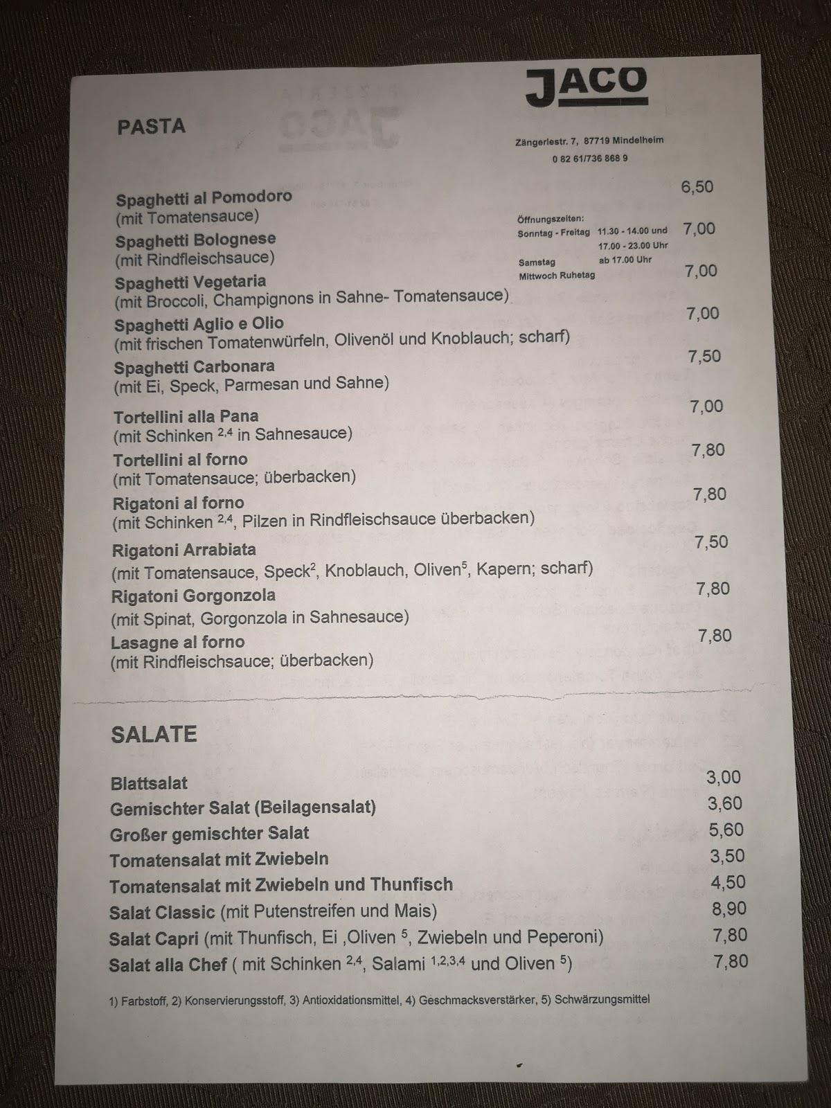 Menu at Pizzeria Jaco, Mindelheim