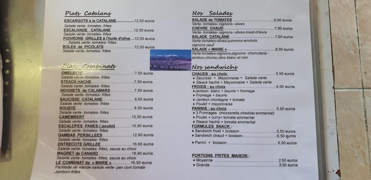 Menu au Resto chez marie restaurant, Vinça