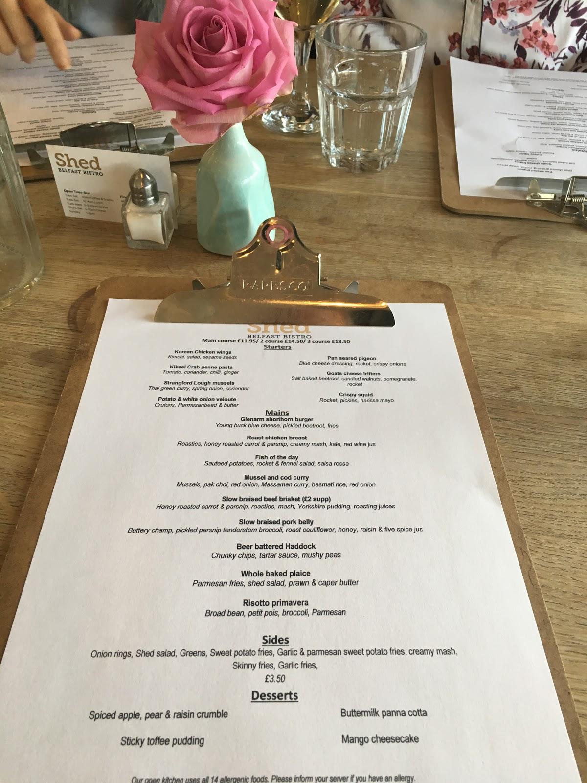 Menu at Shed Bistro restaurant, Belfast