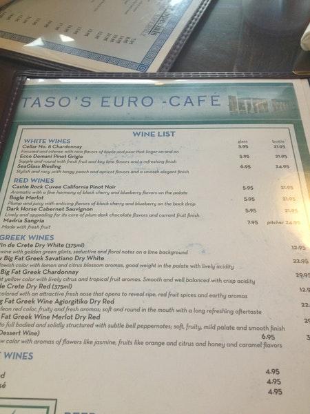 Menu at Taso's Euro Cafe, Norwood