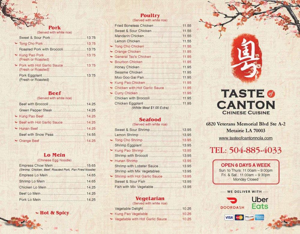 Menu at Taste of Canton restaurant, Metairie