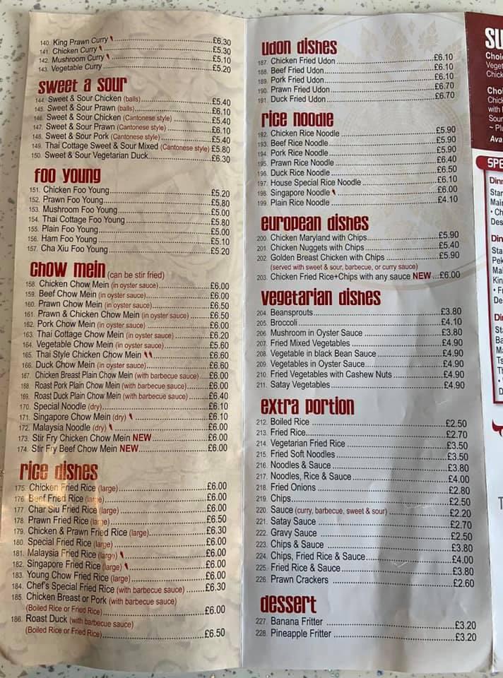 Menu at Thai Cottage restaurant, Lossiemouth