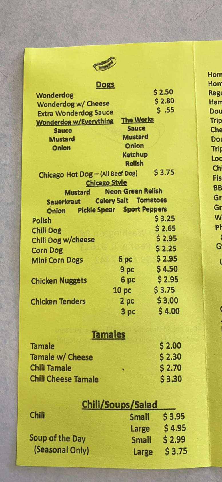 Menu at "The Original" Wonderdog restaurant, East Peoria