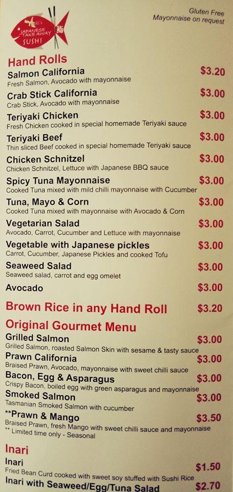 Menu at Youki's Japanese Take Away restaurant, Wonthaggi