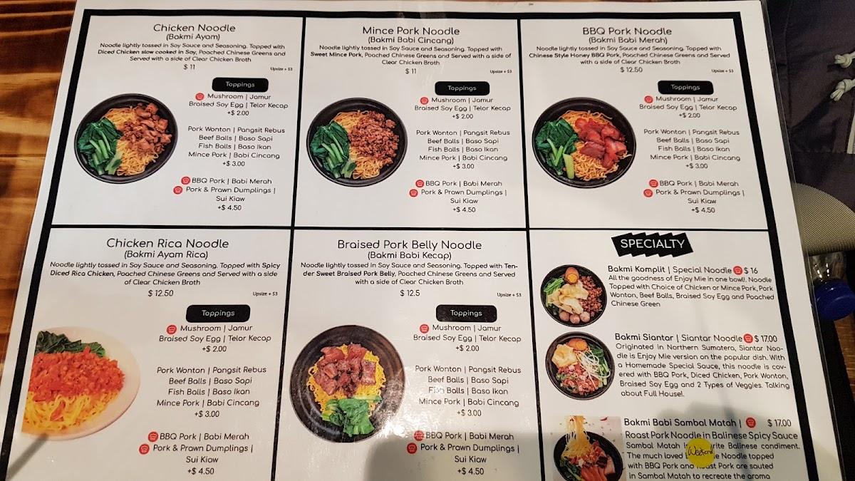 Menu at Enjoy Mie restaurant, Sydney, 375 Sussex St
