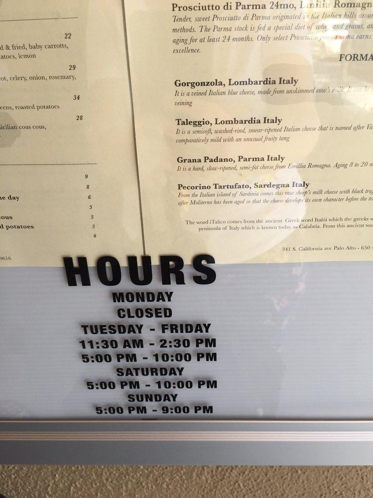 Menu at Italico Ristorante Pizzeria, Palo Alto