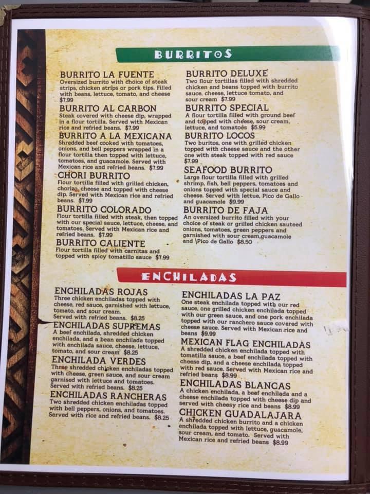 Menu at La Fuente Mexican Restaurant, Flora, E North Ave