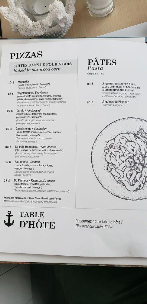 Menu au La Maison du Pêcheur restaurant, Percé