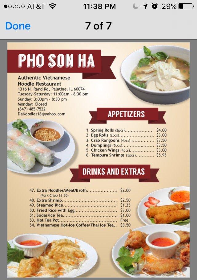 Menu at Phở Son Ha restaurant, Palatine, N Rand Rd