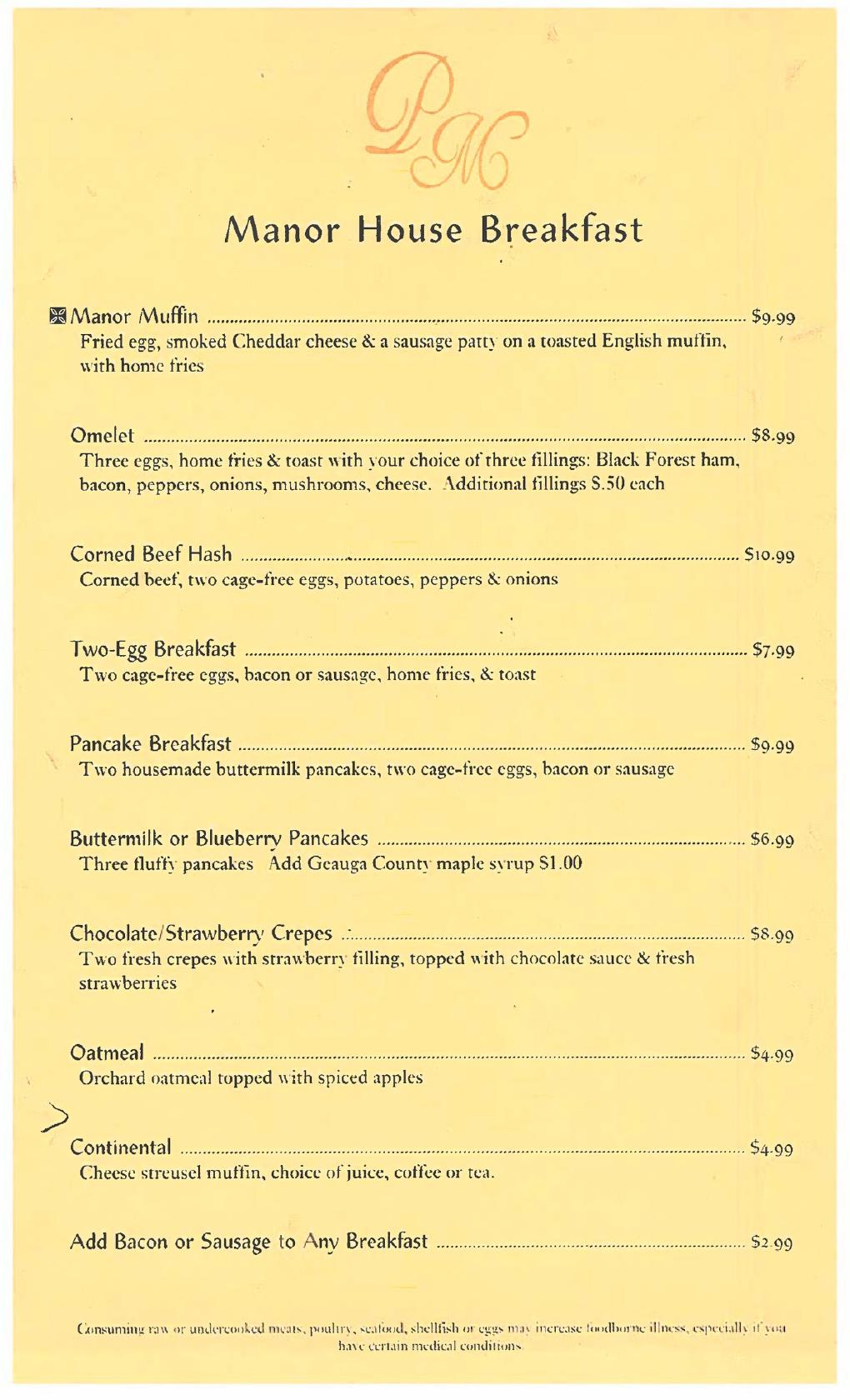 Menu at Punderson Manor Lodge & Conference Center restaurant, USA