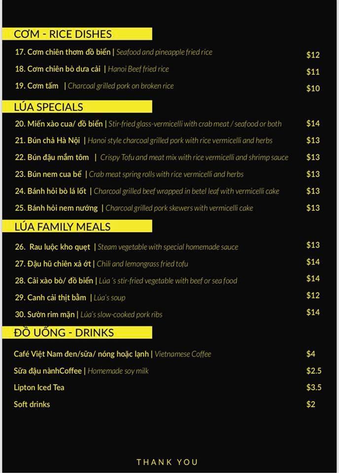 Menu at Quan Lua restaurant, Springvale