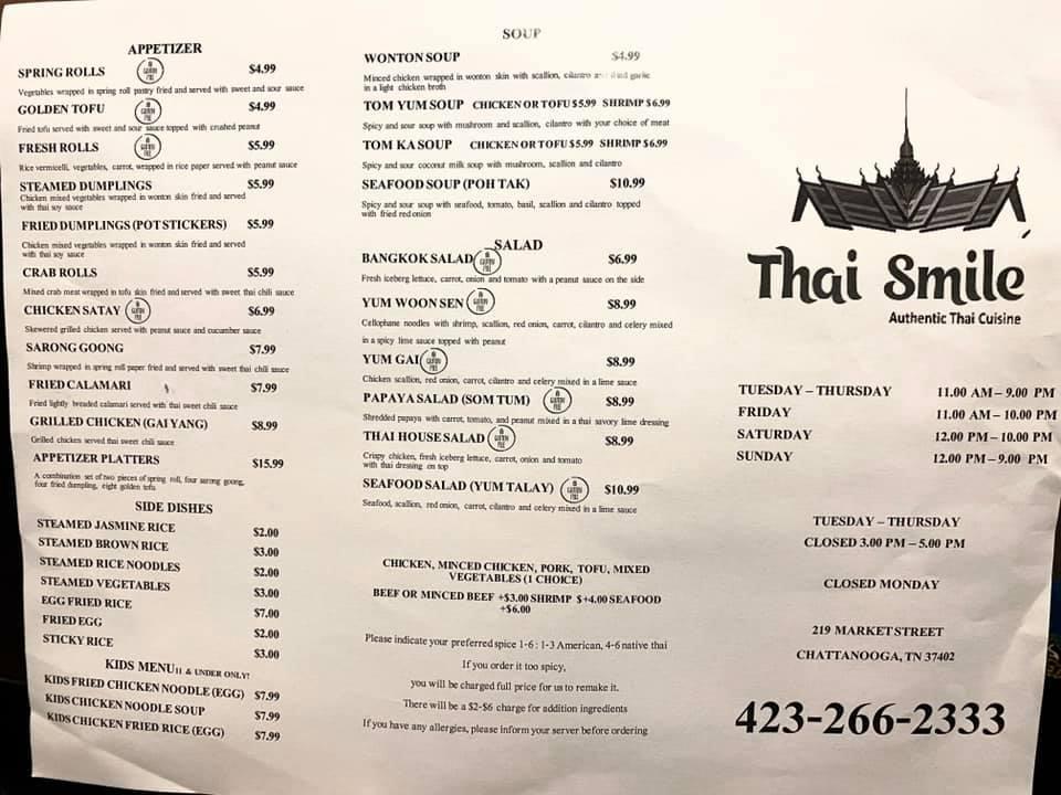 Menu at Thai Smile restaurant, Chattanooga, 219 Market St