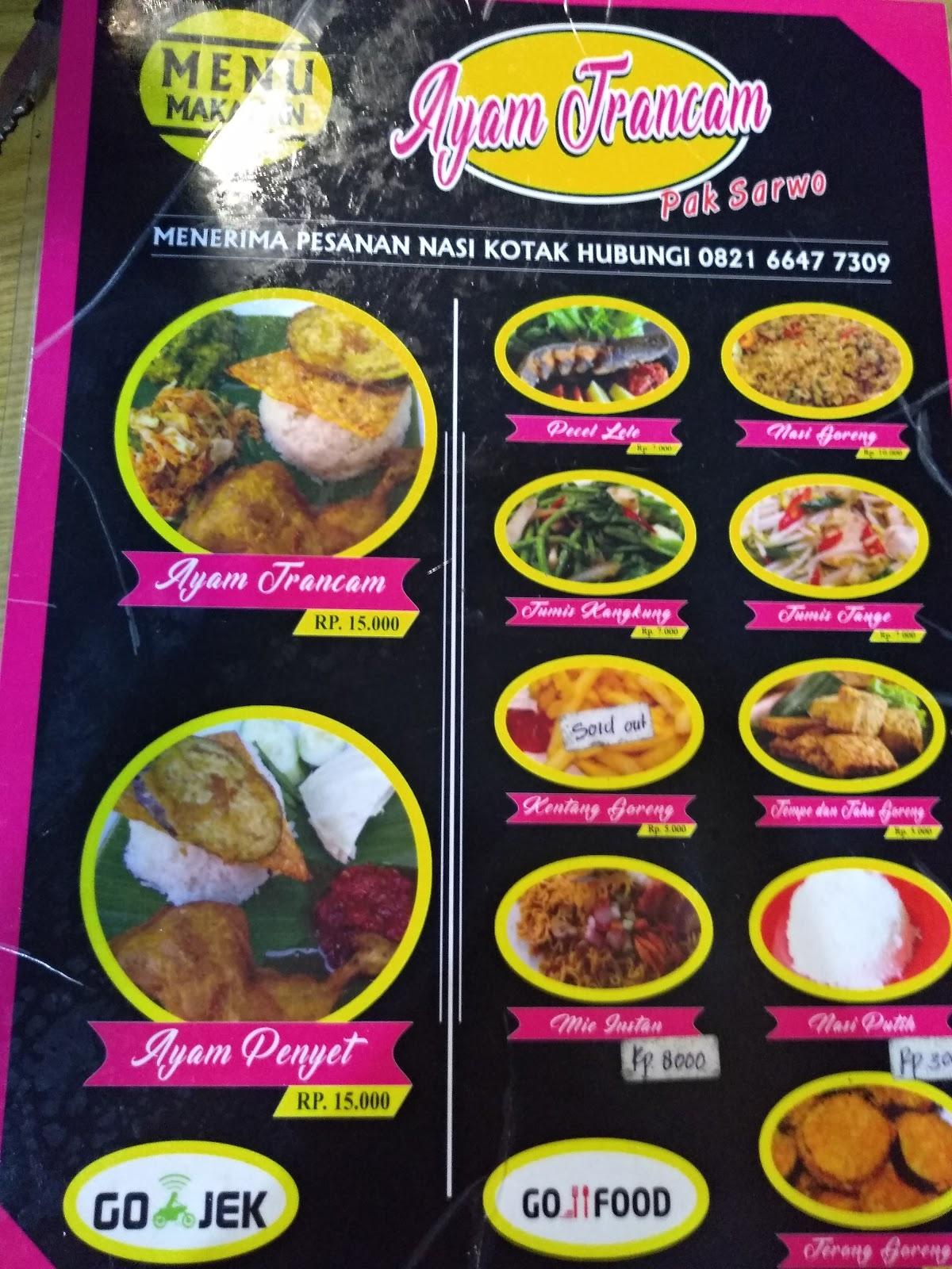Menu at Ayam Trancam Pak Sarwo restaurant, Lubuk Pakam