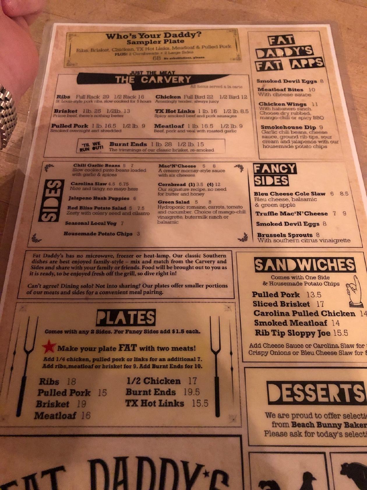 Menu at Fat Daddy's Smokehouse BBQ, Kihei