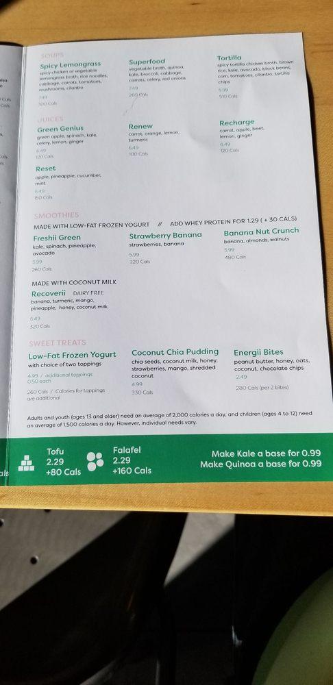 Menu at Freshii fast food, St. Catharines