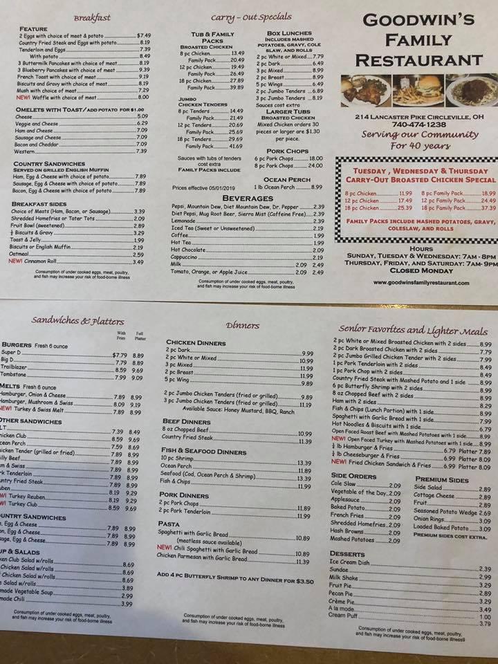 Menu at Goodwin's Family Restaurant, Circleville