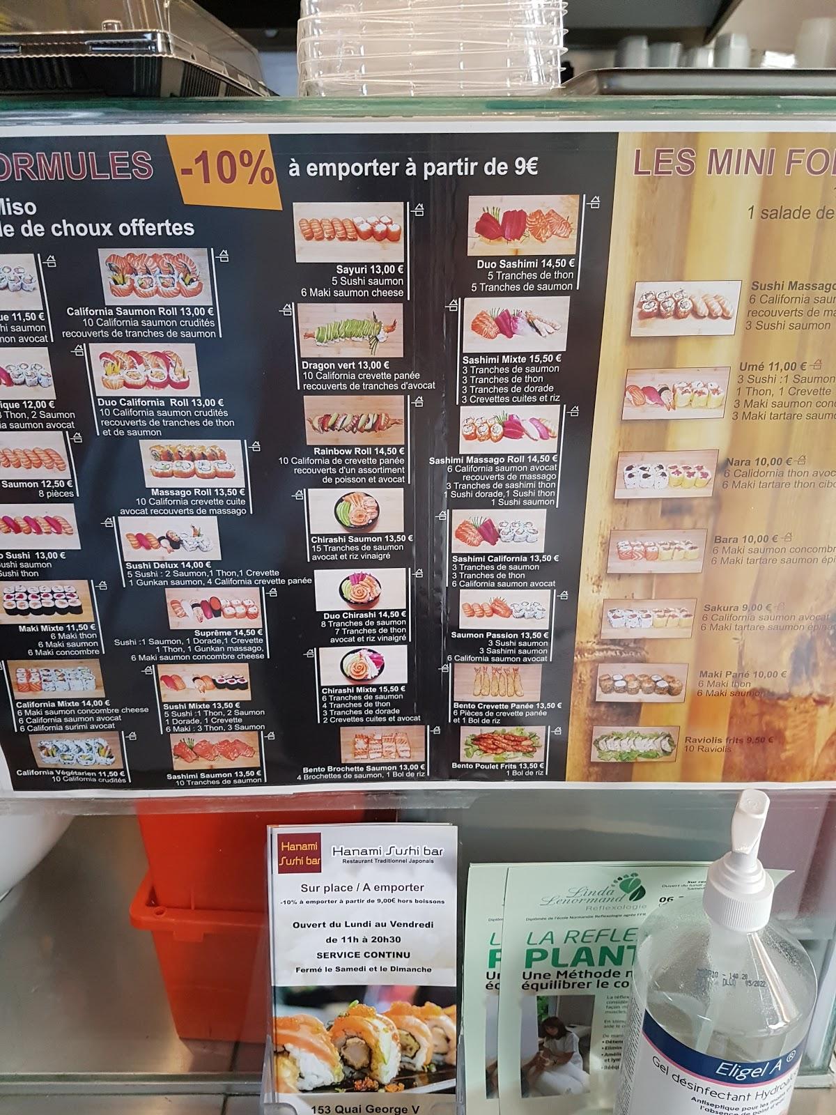 Menu au Hanami Sushi bar, Le Havre