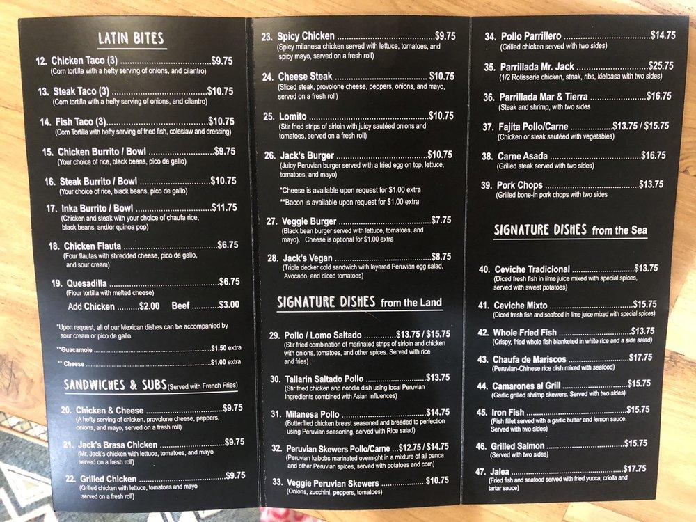 Menu at Mr. Jack Peruvian Rotisserie Chicken restaurant, Sykesville