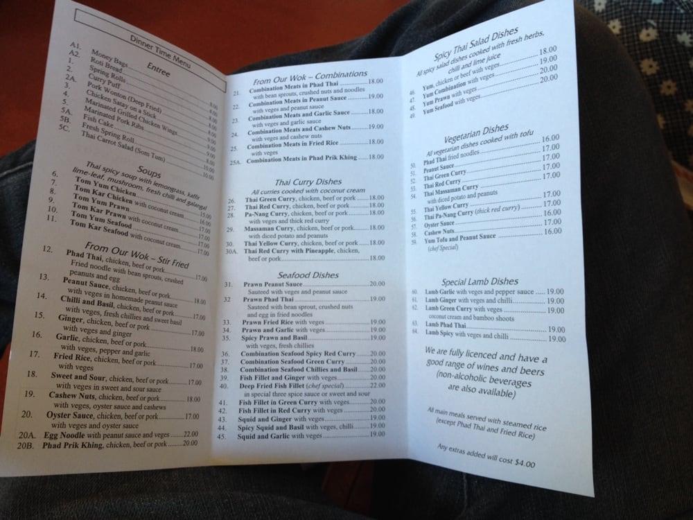 Menu at Phad Thai Restaurant, Christchurch
