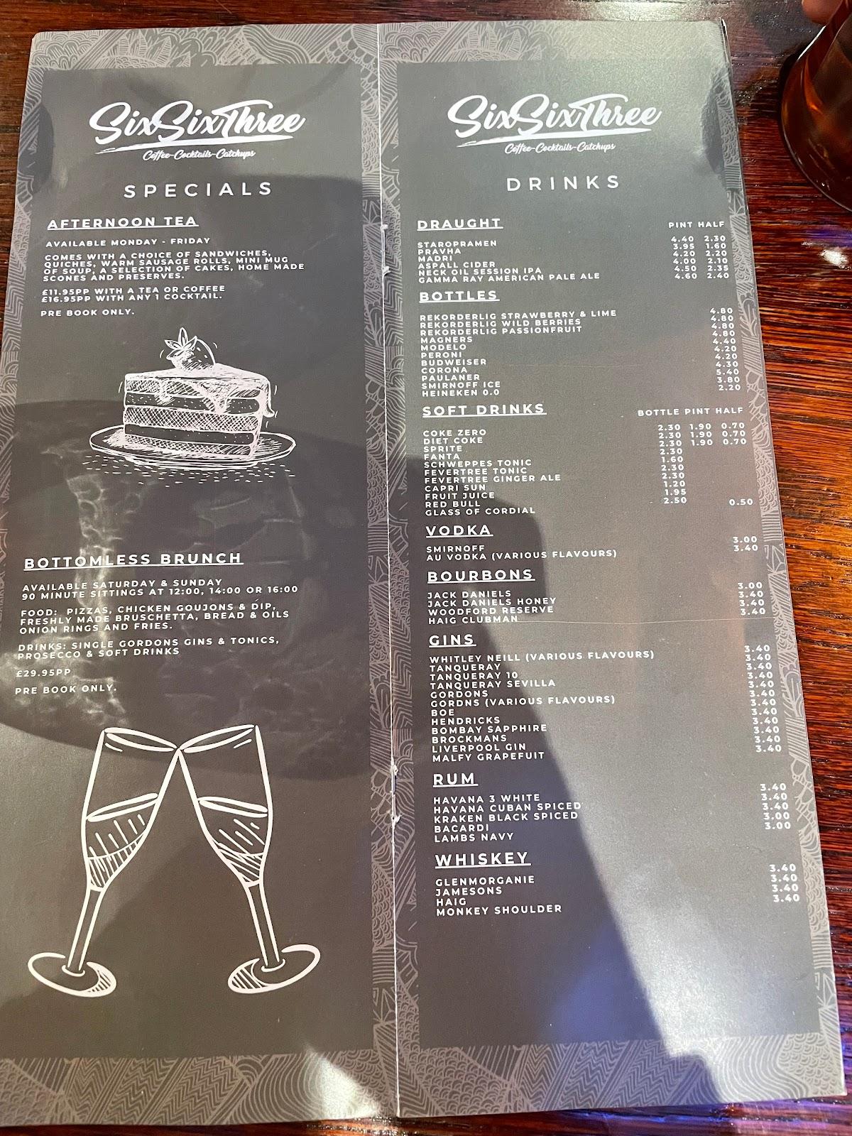 Menu at Six Six Three pub & bar, Hindley Green