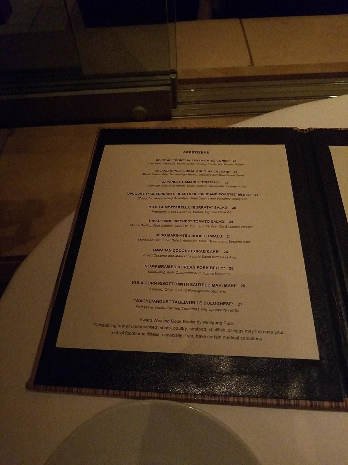 Menu at Spago restaurant, Wailea-Makena, Wailea Alanui Dr