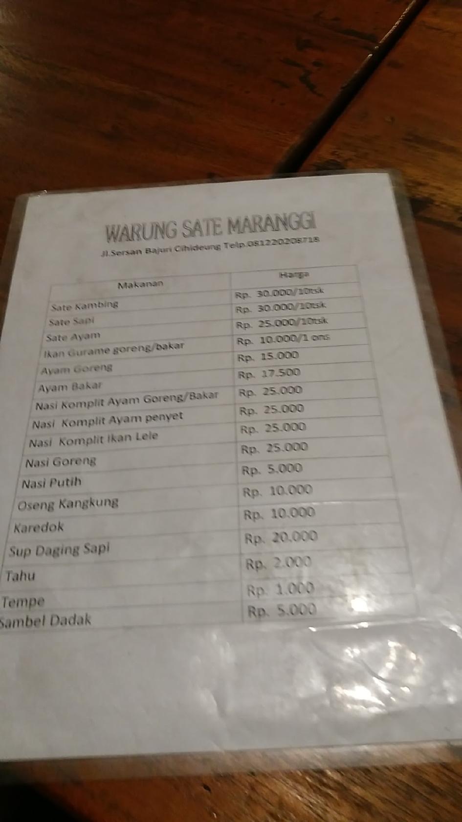 Menu at Warung Sate Maranggi restaurant, Lembang, 5HHW+HVH