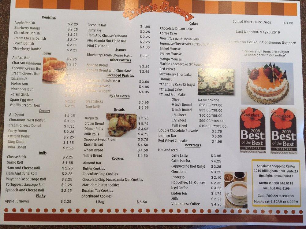 Menu at Elvin's Bakery, Honolulu