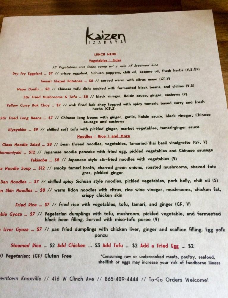Menu at Kaizen pub & bar, Knoxville