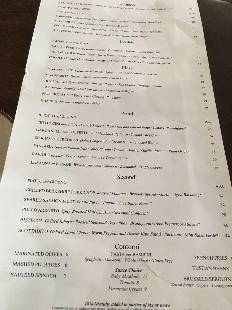 Menu at La Luce restaurant, Orlando