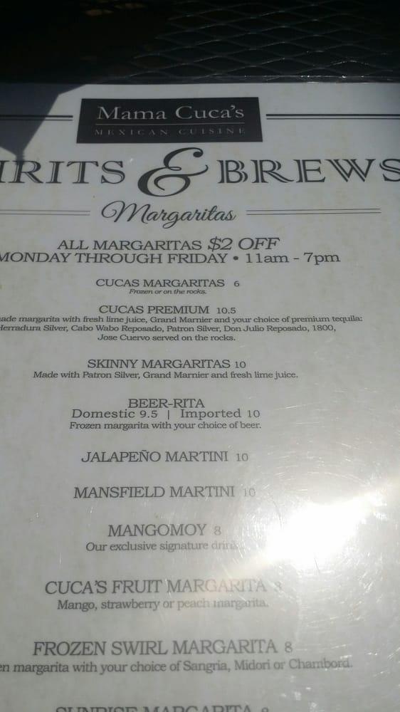 Menu at Mama Cuca's Mexican Cuisine restaurant, Mansfield