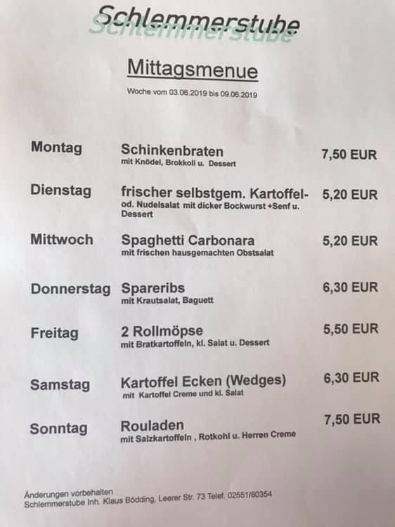 Speisekarte von Schlemmerstube Steinfurt restaurant, Steinfurt