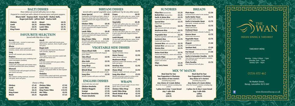 Menu at The Swan Indian Dining restaurant, Bacup
