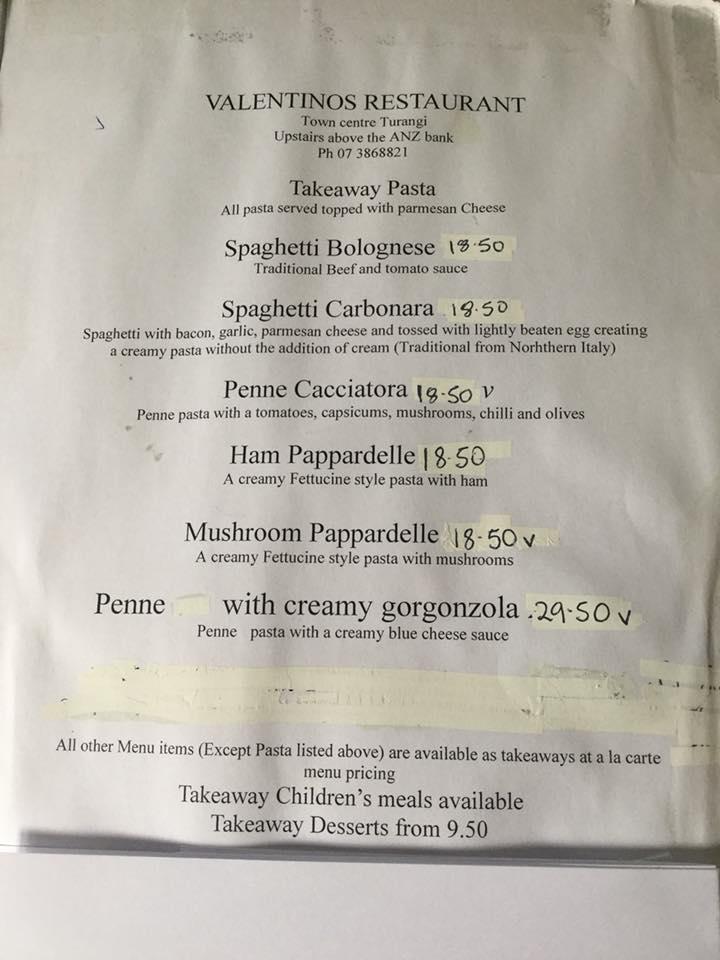 Menu at Valentino's Italian Restaurant, Turangi