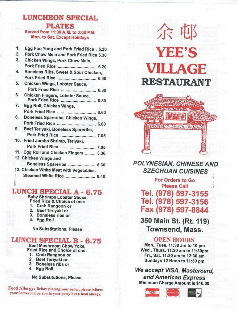 Menu at Yee's Village restaurant, Townsend, 350 Main St
