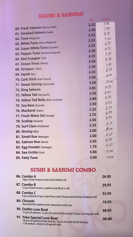 Menu at Yoko Japanese Kitchen restaurant, Cypress