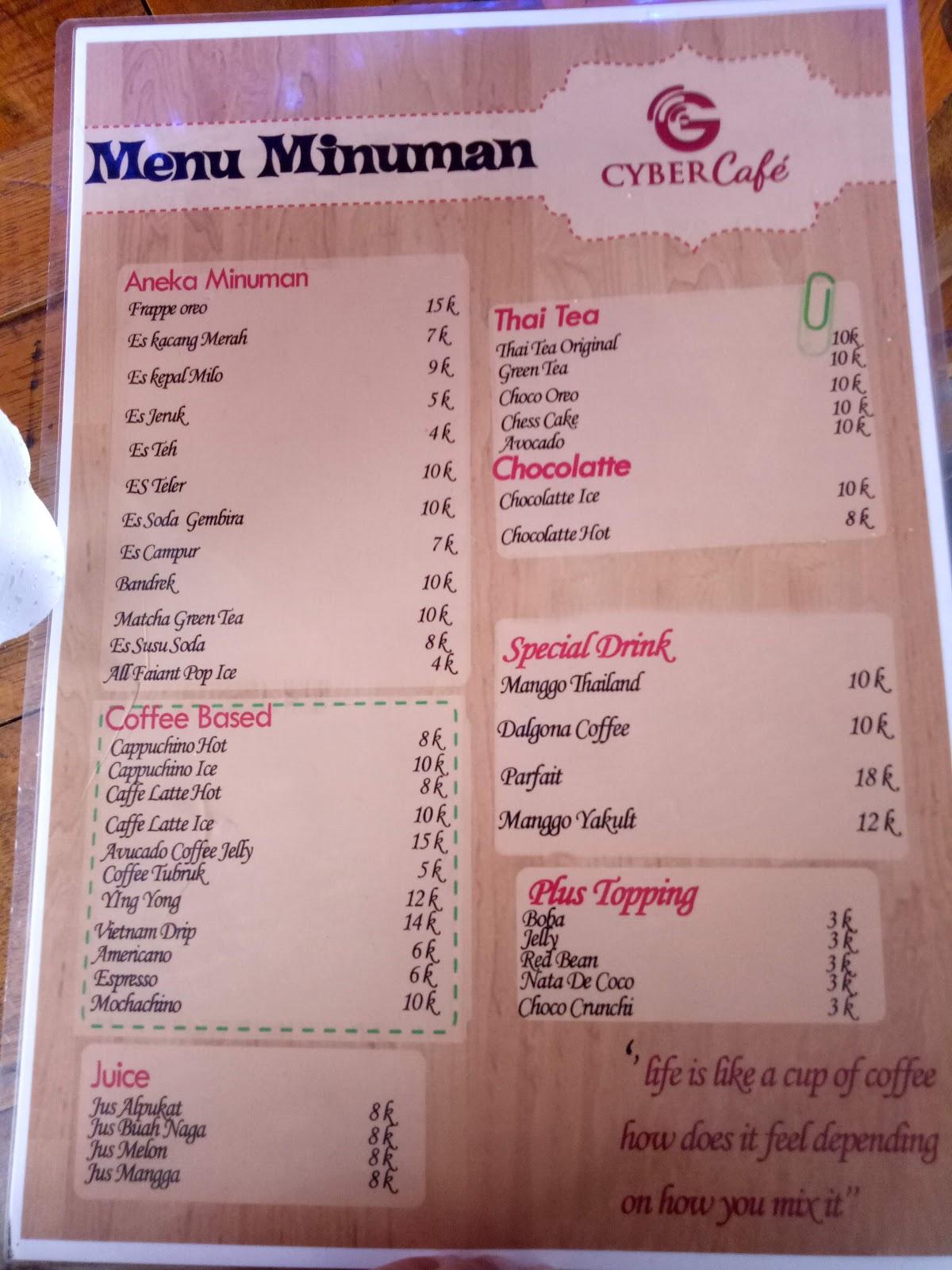 Menu at Cyber Cafe, Palembang, Jl. Kolonel Sulaiman Amin